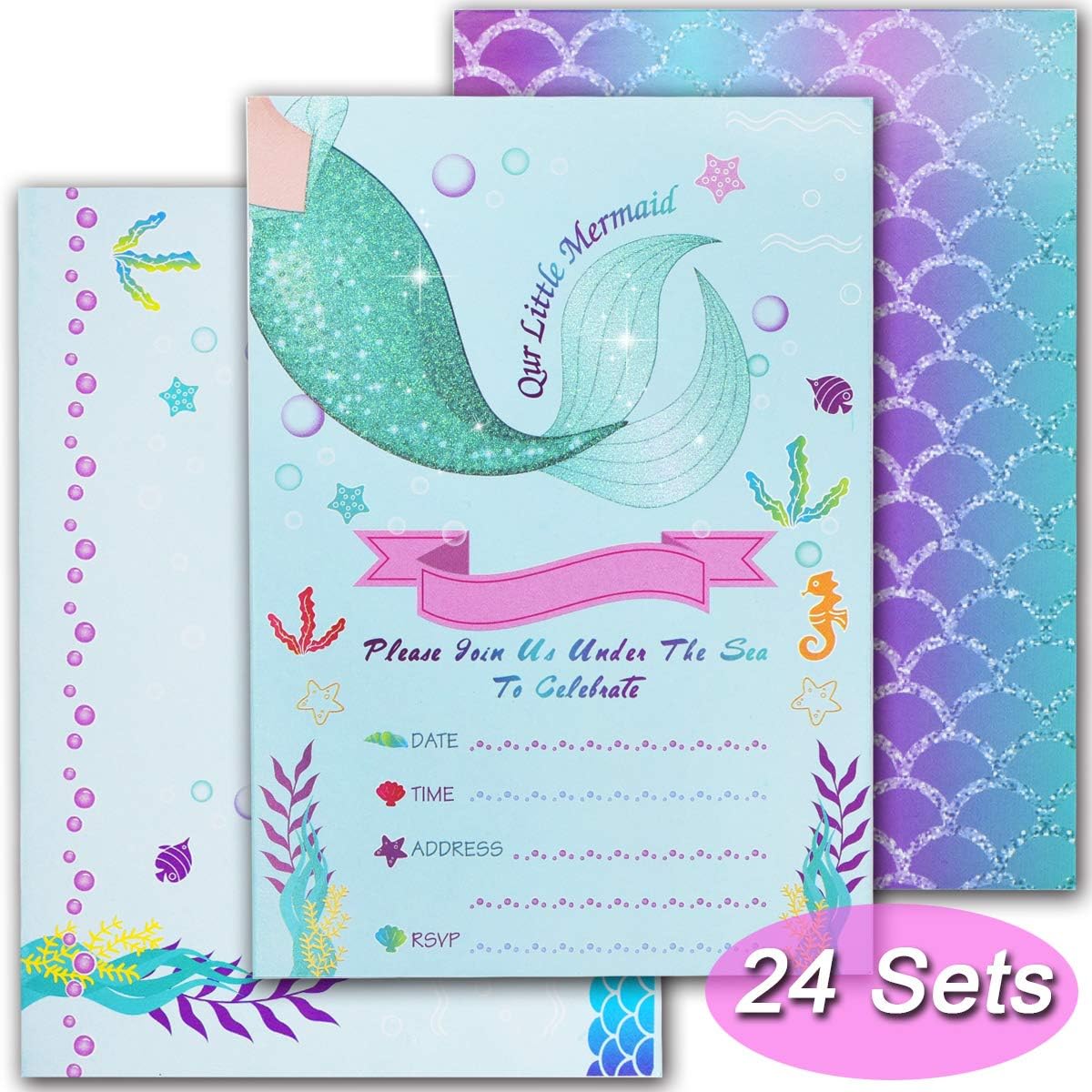 Amazon.com: T-Antrix Mermaid Party Invitations, 24pcs Magical Glitter ...