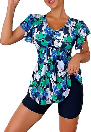 Amazon.com: Tankini Bathing Suits for Women V Neck Ruffle Camp Short ...