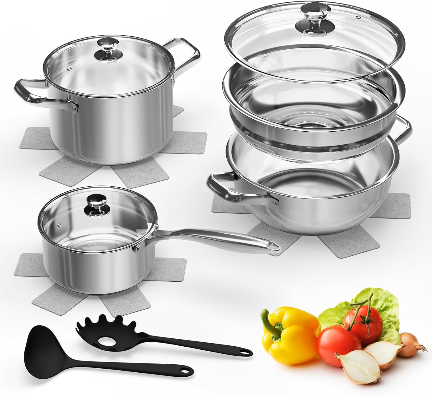 Amazon.com: Stainless Steel Cookware Set,12-Piece Pots and Pans Set Non ...