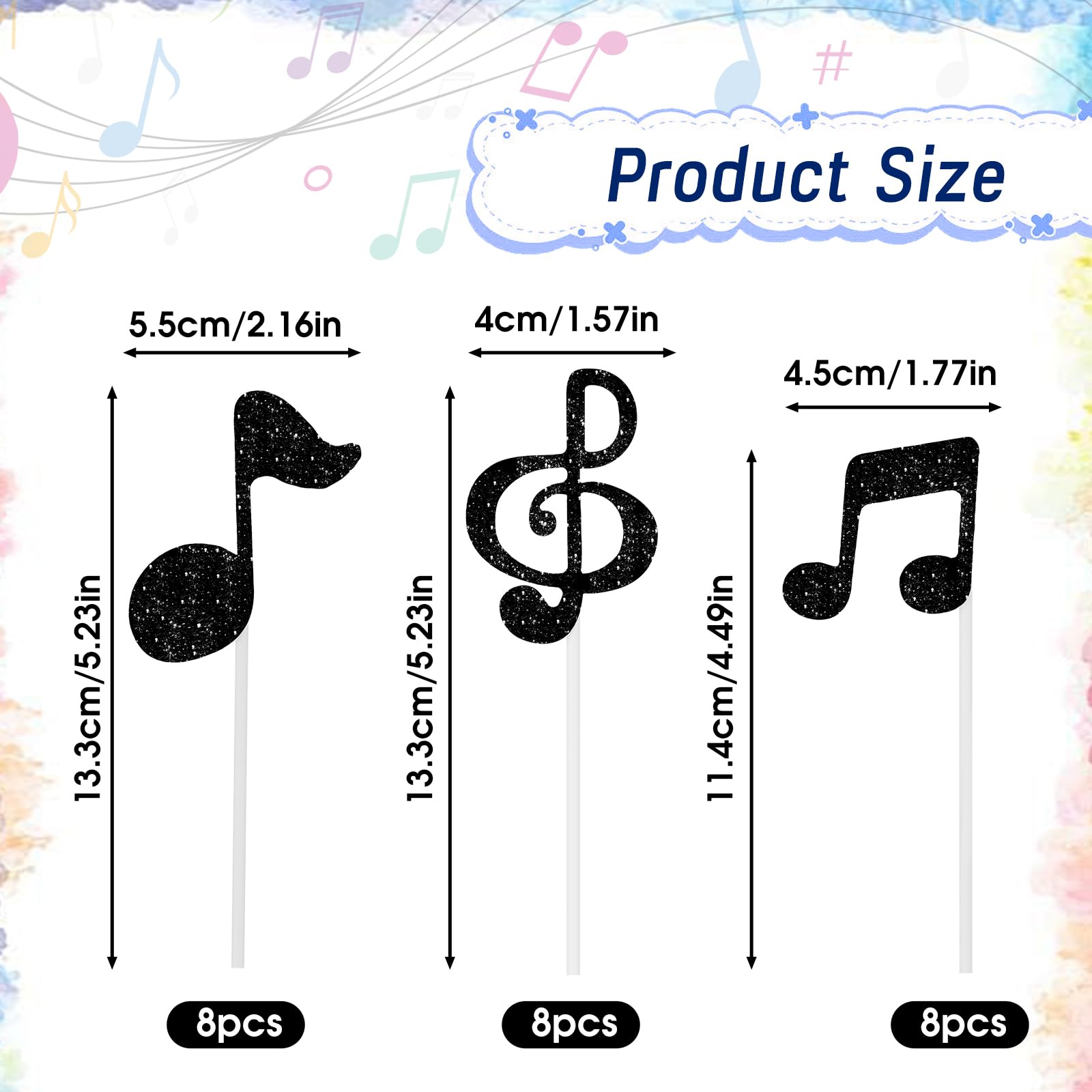 Snapklik.com : 24 Pcs Music Notes Cupcake Toppers, Black Glitter ...