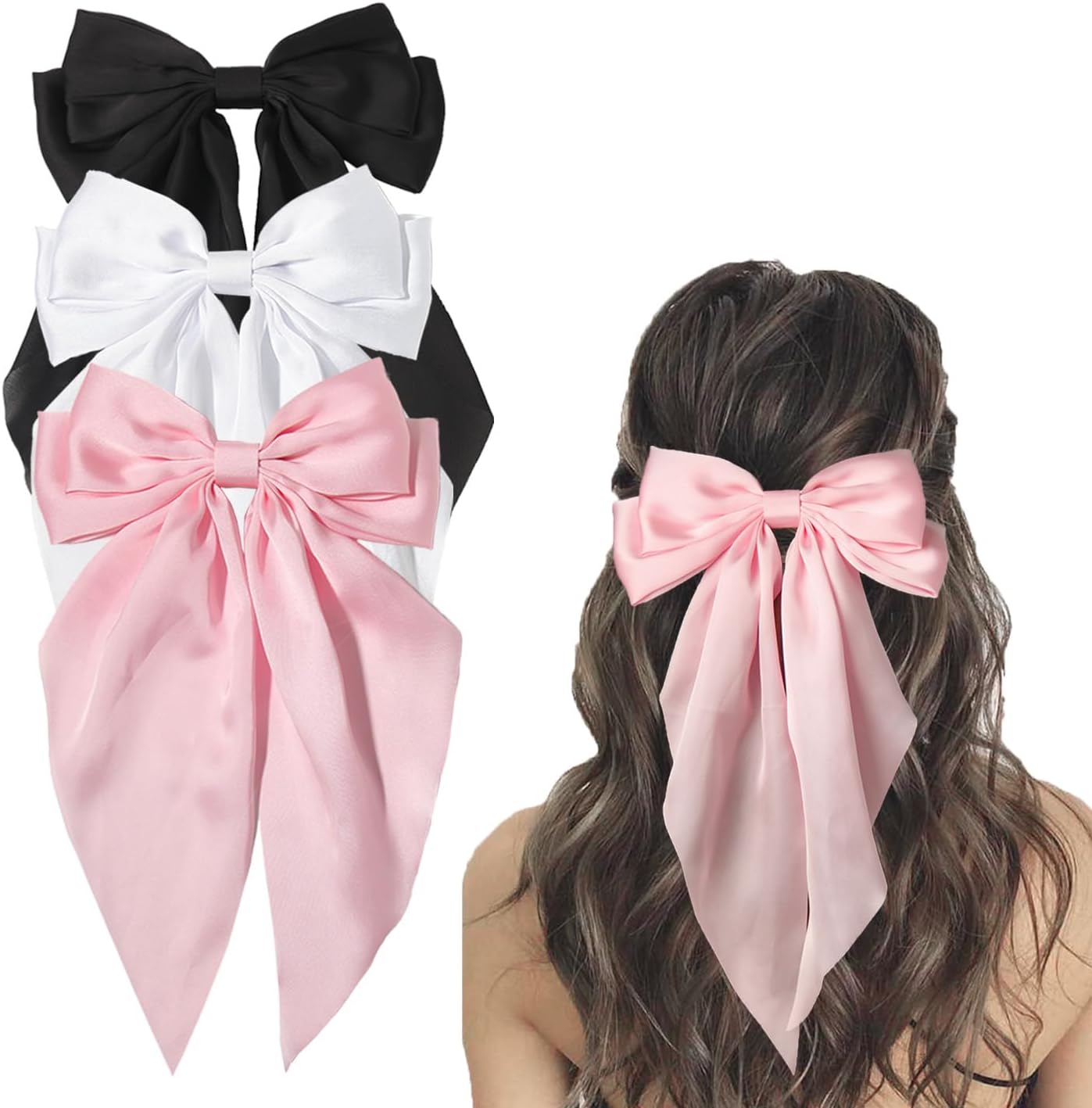 Amazon.com : Furling Pompoms Hair Bows for Women,Large Satin Silky Hair ...