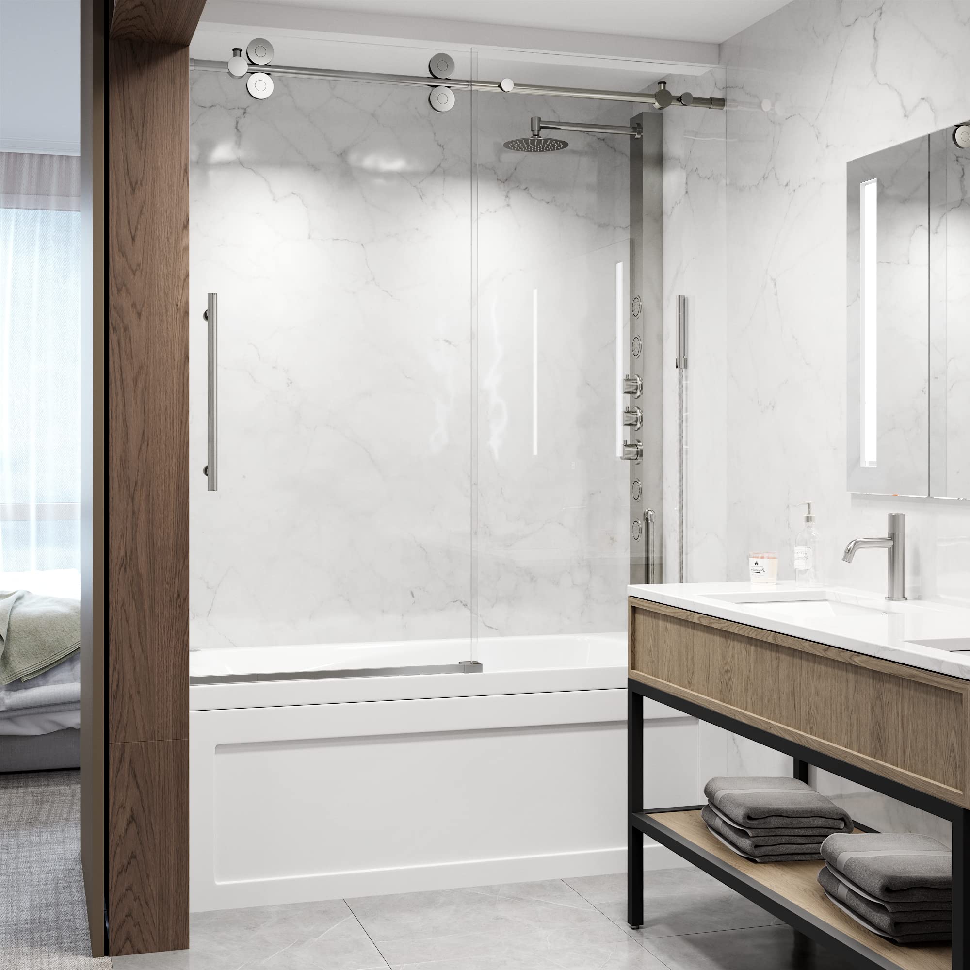 VIGO 60-60" W x 66" H Elan Frameless Sliding Tub Door with Laminated ...