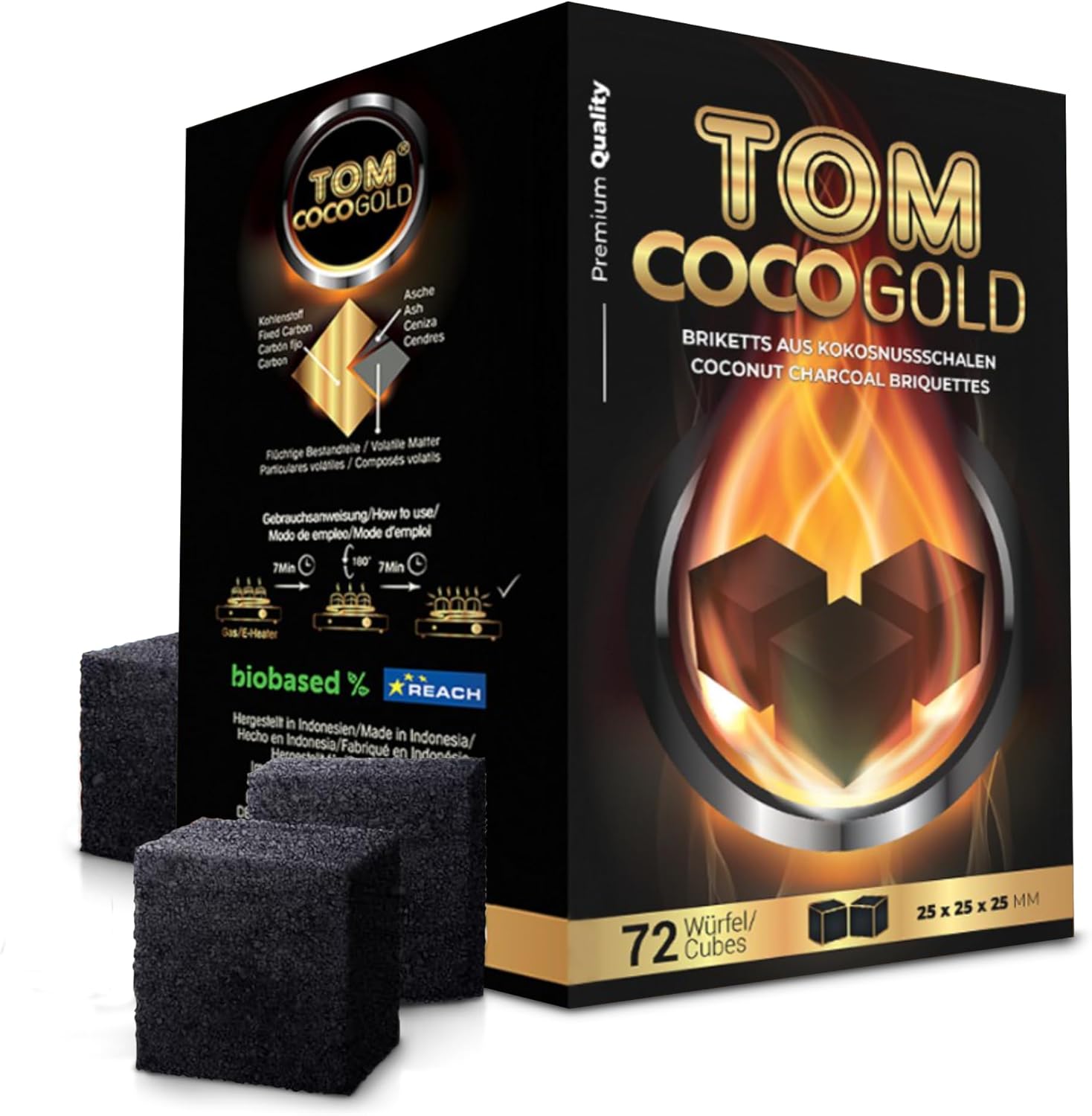 Amazon.com: Tom Coco 72 Natural Charcoal Cubes - 25 mm Coals - Coconut Charcoal for Grilling and ...