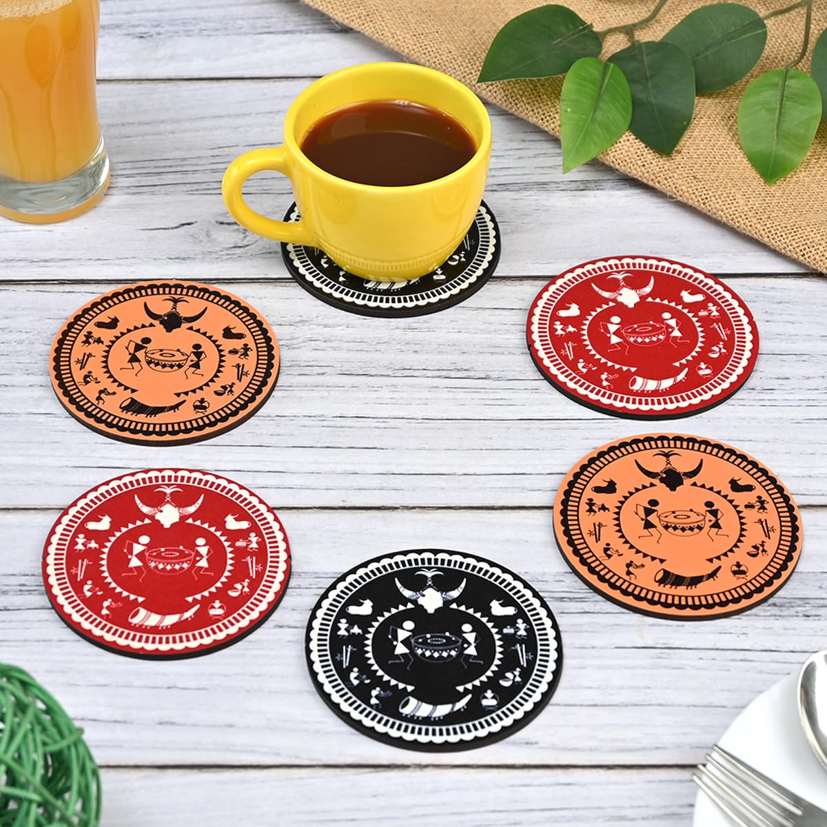 Gift Kya De Gkd Coaster Set Of 6 Bastar Art Wooden Coasters With Proper ...