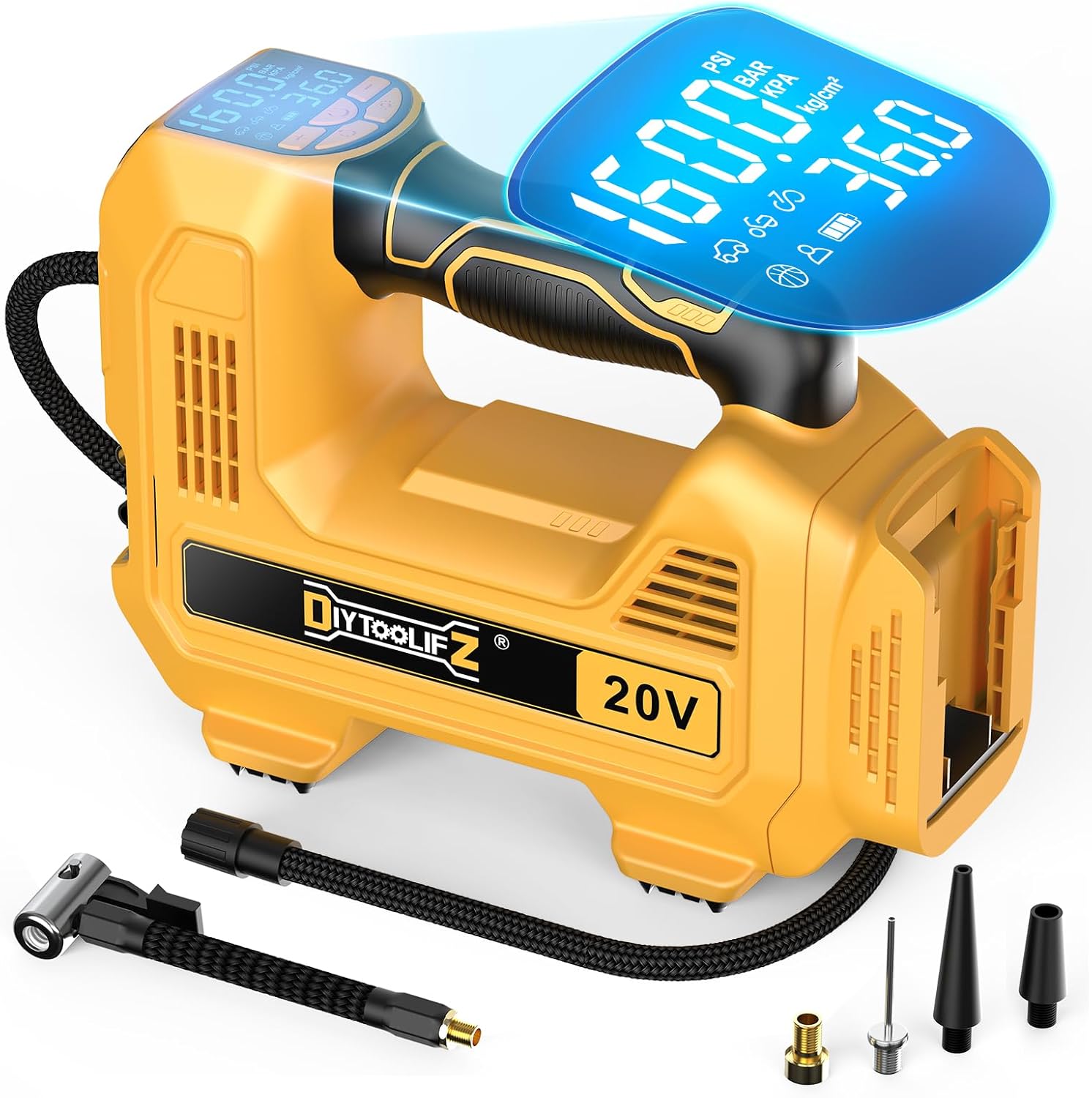 DIYtoolifz Cordless Tire Inflator Air Compressor Compatible with DeWALT 20V, 160PSI Portable LED ...