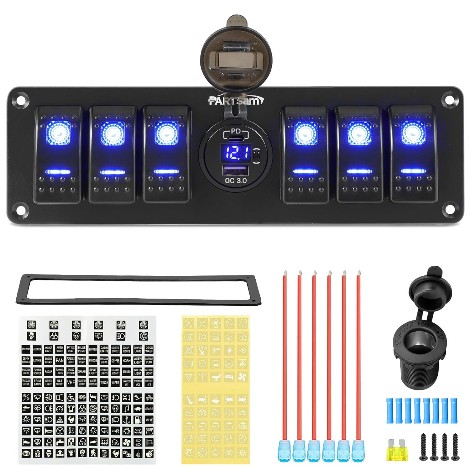 Amazon.com: Partsam 6 Gang Rocker Switch Panel 12V-24V Aluminum Boat ...
