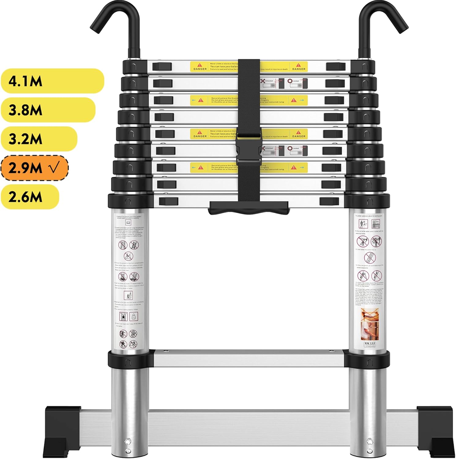 Telescopic Ladder 2.9M / 9.5FT Aluminium Extension Ladder with ...