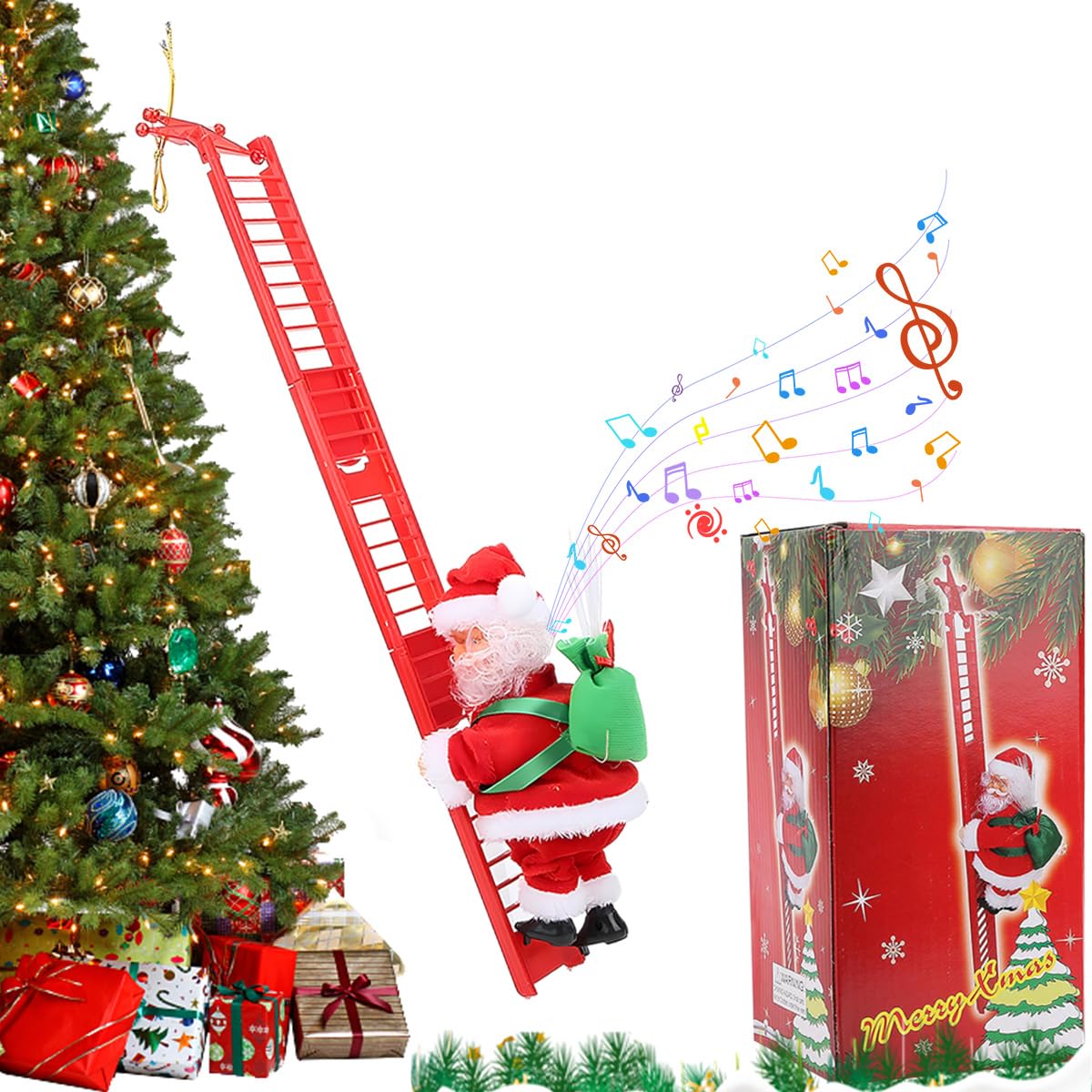 Santa Climbing Ladder to Tree, Climbing Santa Claus On Ladder, Santa ...