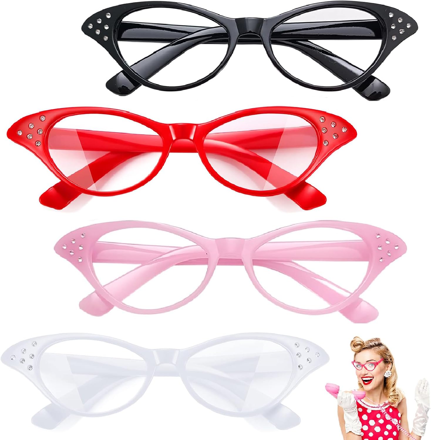 Amazon.com: Viicoor Cat Eye Glasses with Rhinestones, 50's 60's Retro ...