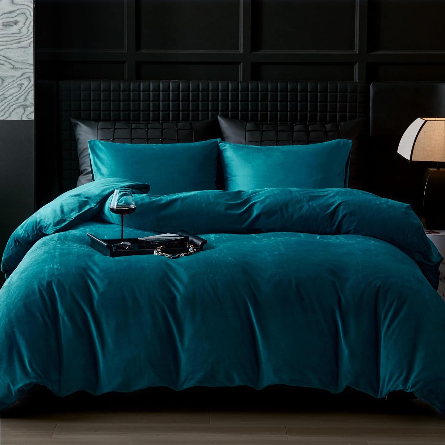 Amazon.com: WARMDERN Teal Blue Flannel Velvet Duvet Cover King Size ...