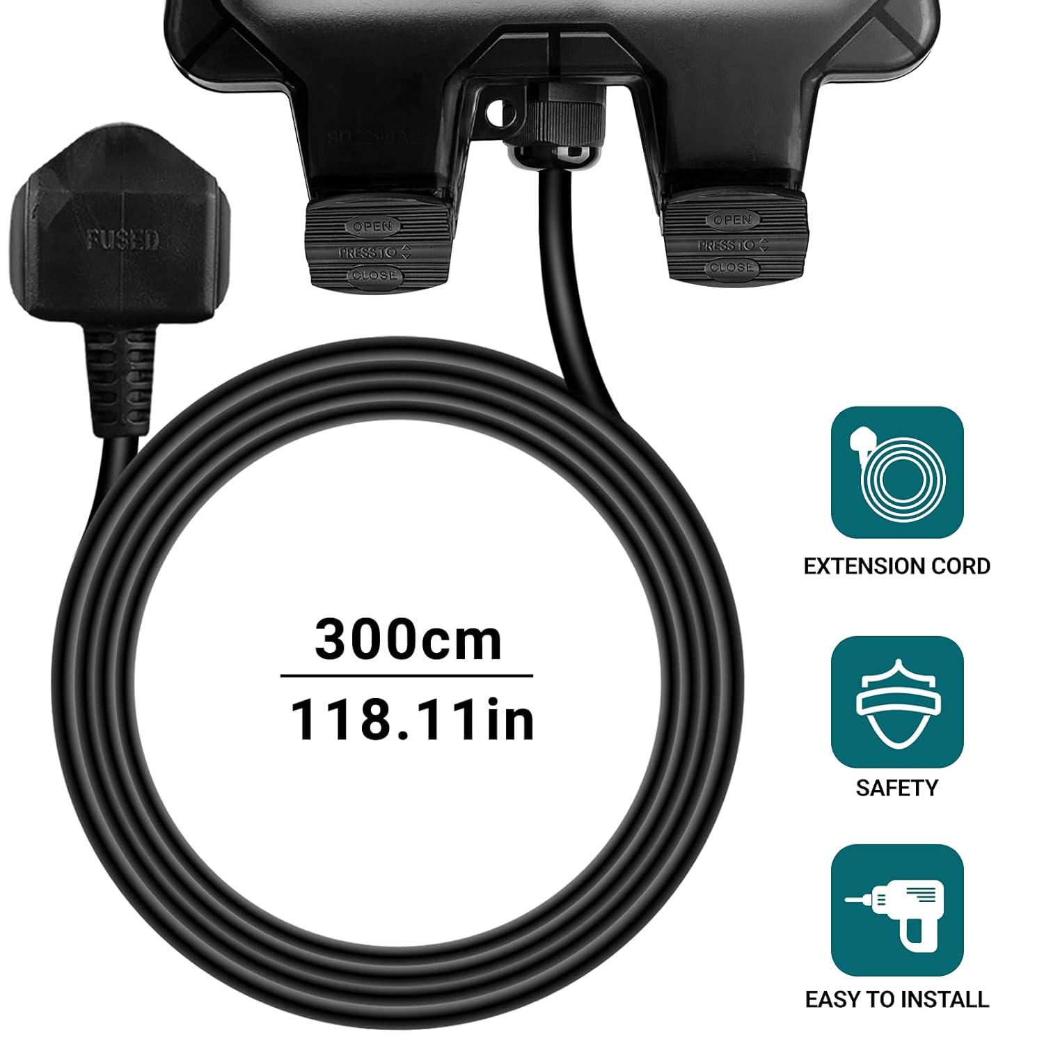 2 Gang Black Outdoor Waterproof Double Socket, 10FT/3M Waterproof ...