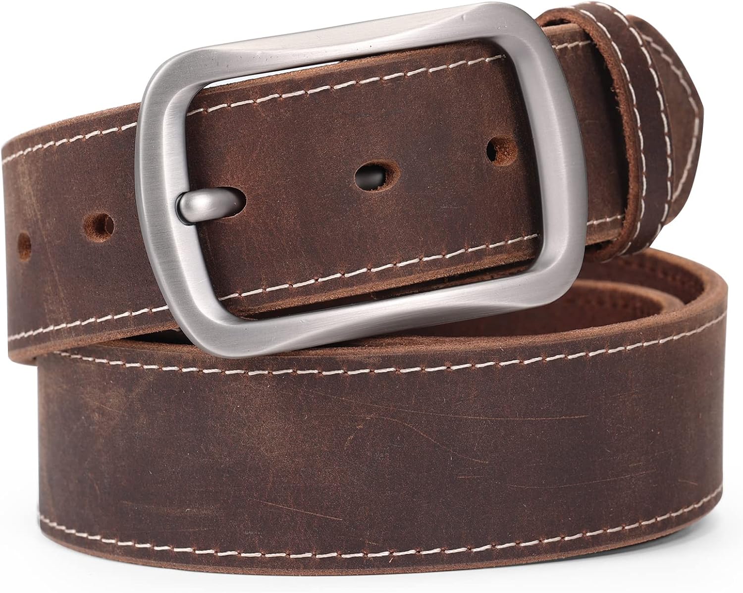 MANBANG Italian Leather Belt for Men Casual Jean Belt 7 Holes Contrast ...