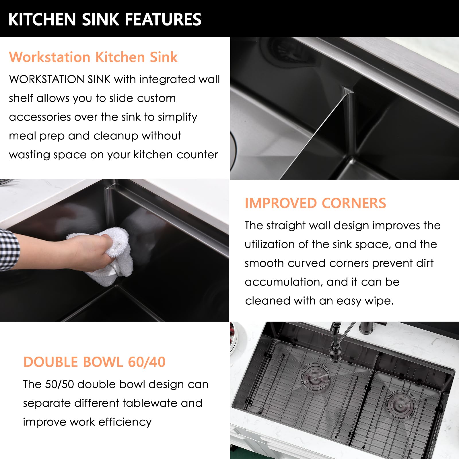 33 Inch Undermount Kitchen Sink Double Bowl Workstation-HACHENL 33"×19 ...