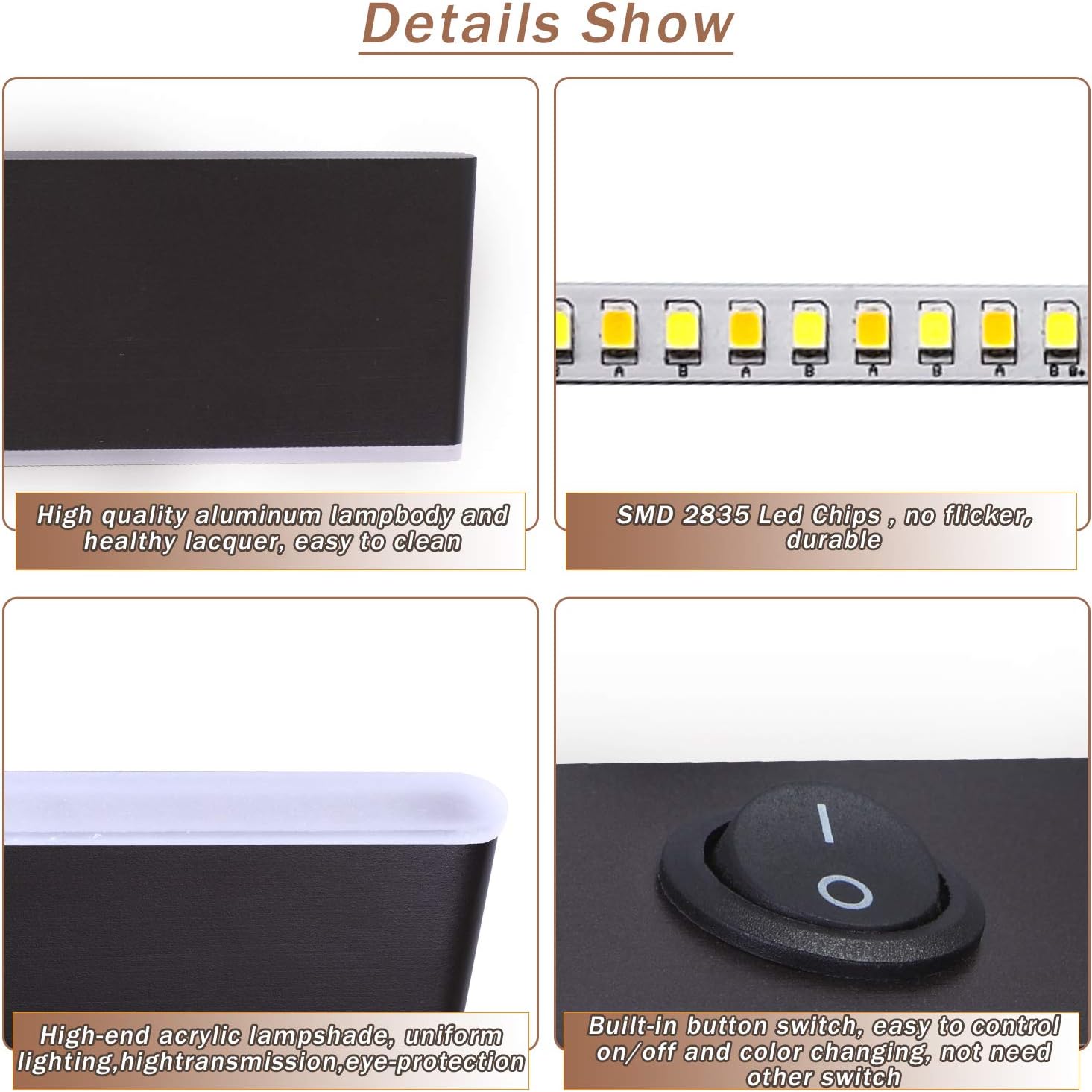 Lightess 18W 350° Rotatable Led Wall Light with Switch 3 Color Changing ...