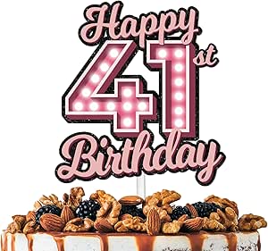 Amazon.com: Pink Glitter Happy Birthday 41st Cake Topper Let’s Glow ...