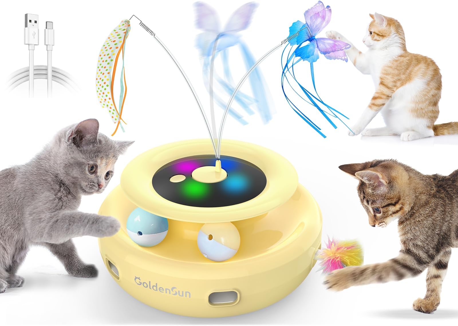 GoldenSun 3-In-1 Interactive Cat Toys for Indoor Cats Adult, Smart Cat ...