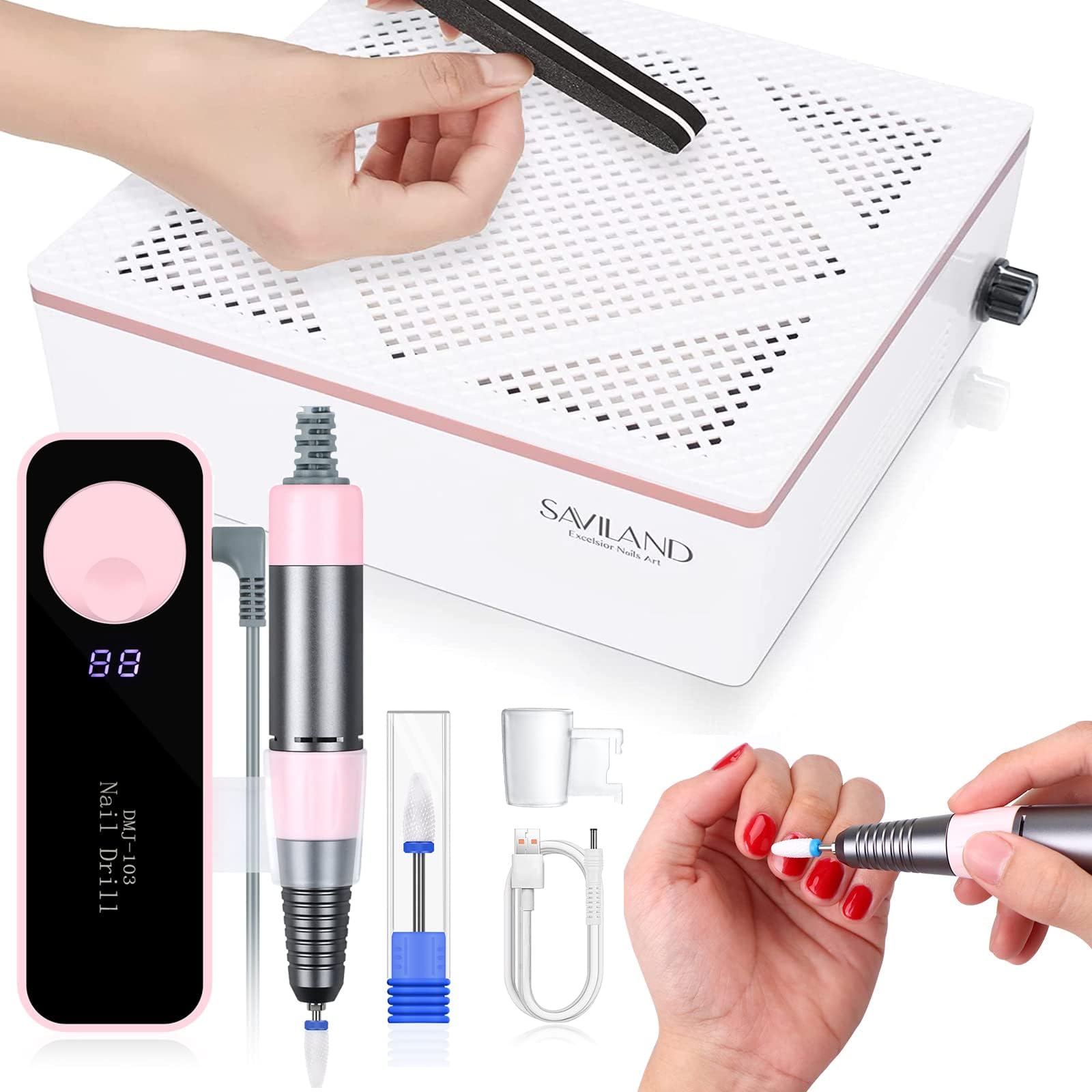 Amazon.com: Saviland Nail Dust Collector and 35000RPM Pink Rechargeable ...