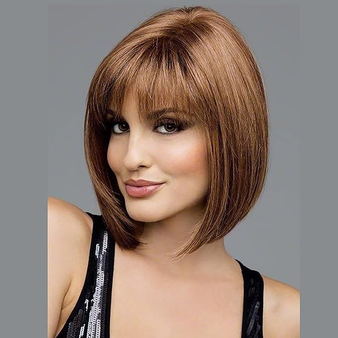 Short Bob Hair Wigs, Fashion Short Wig Bangs Light Brown Adjustable ...