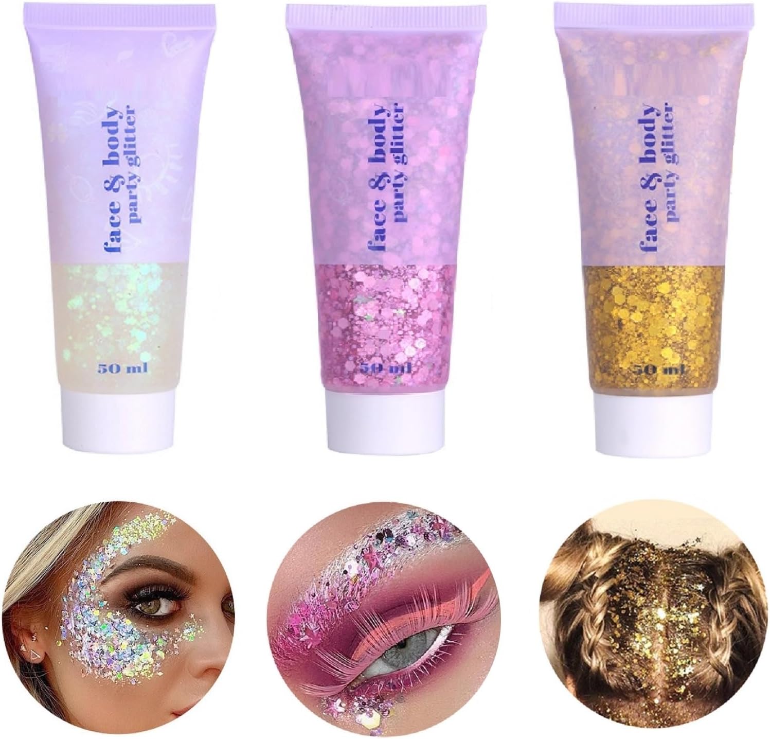 Amazon.com: 3 Colors Face and Body Glitter Gel,Holographic Cosmetic ...