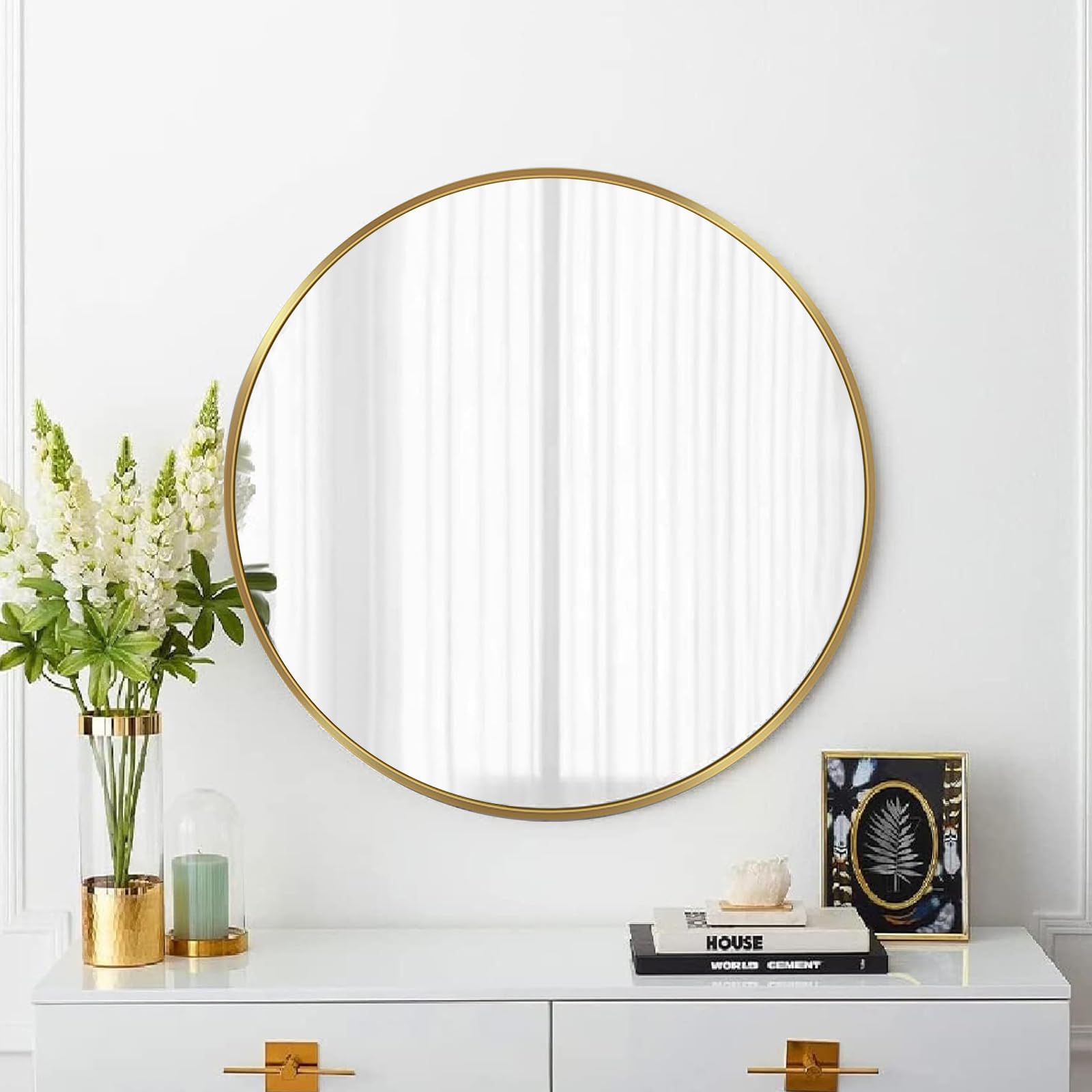DEENZ 50cm Large Round Gold Wall Mounted Mirror Brass Metal Frame ...