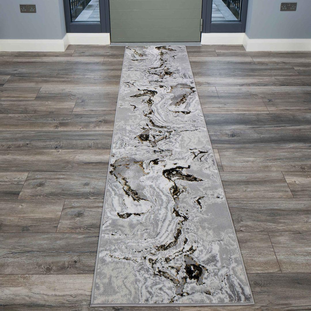 Designer Silver Abstract Hallway Runner Rug Metallic Gold Marble Effect ...
