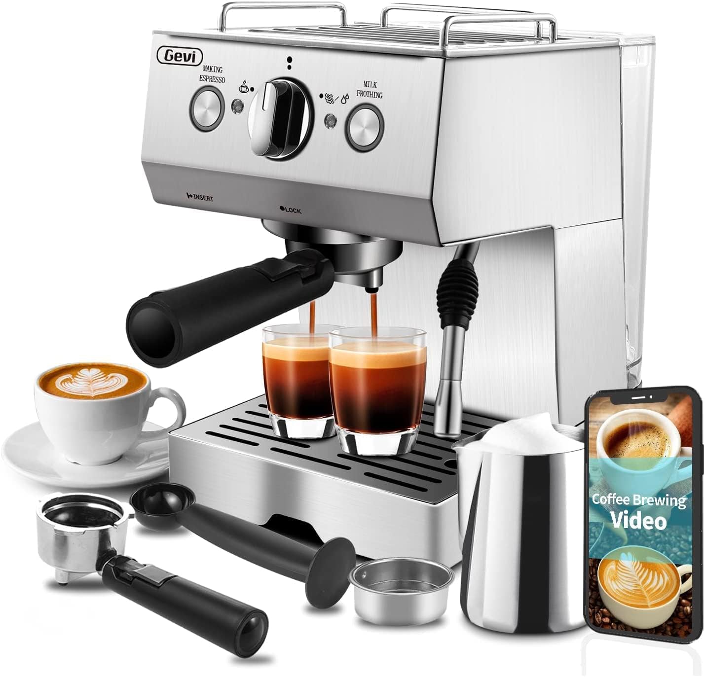 Gevi Cafetera de capuchino de calentamiento rápido de 15 barras con ...