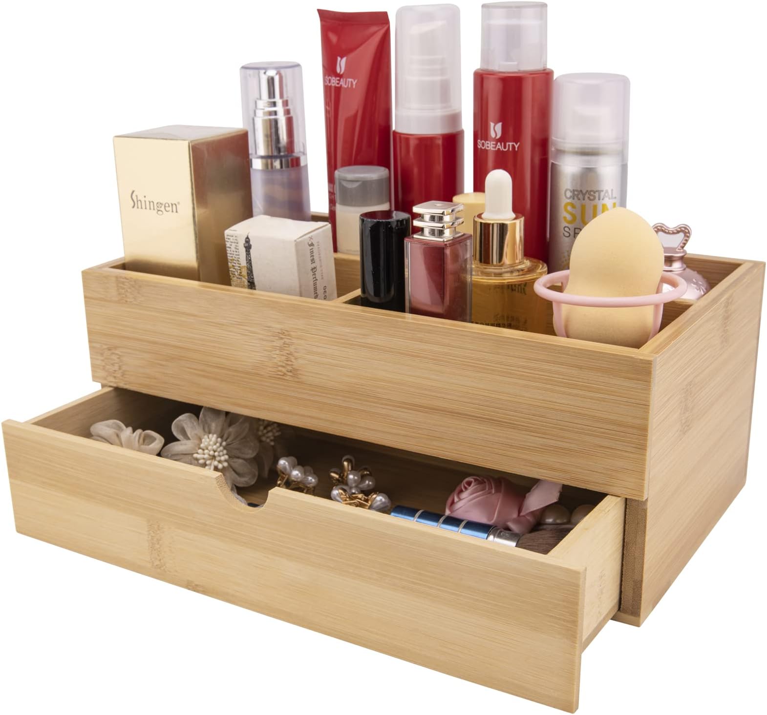 Amazon.com: TOLONAG Large Bamboo Makeup Organizer with 1 Drawer and 2 ...