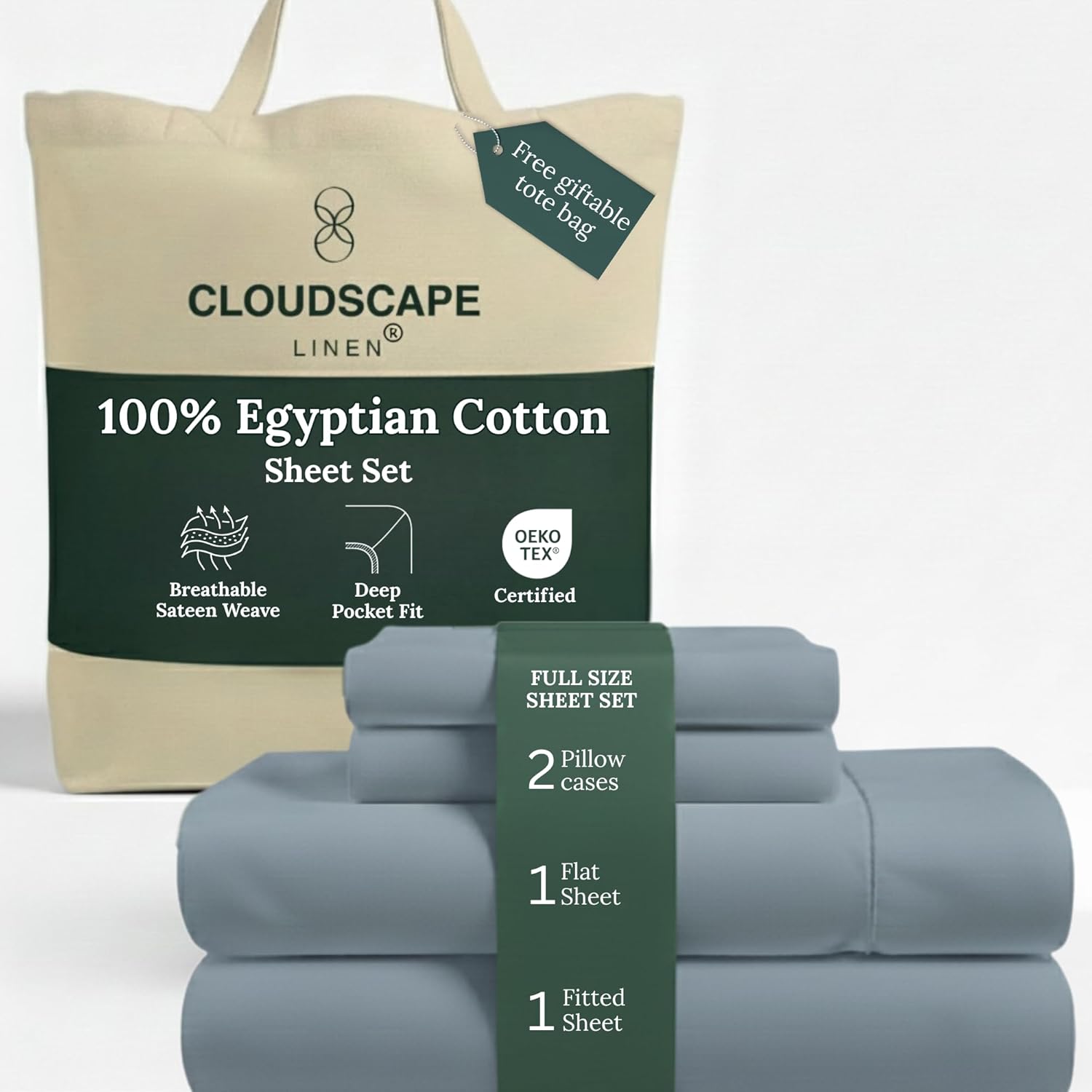 Amazon.com: CLOUDSCAPE LINEN Full Size Sheets Set Egyptian Cotton ...