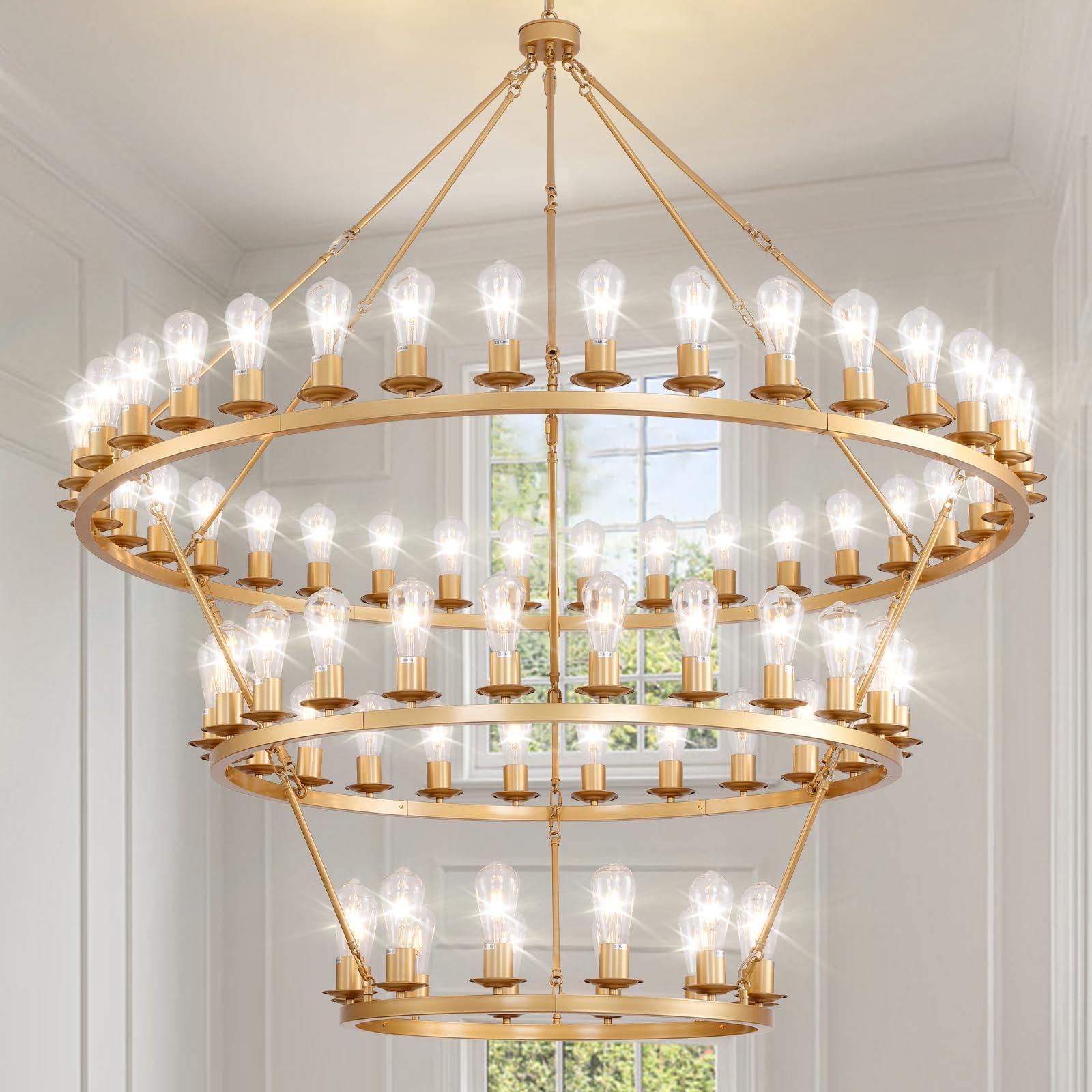 QJMPP 3 Tier Gold Wagon Wheel Chandelier,Extra Large 60-Inch 72-Light Circle Light Fixture,Round ...