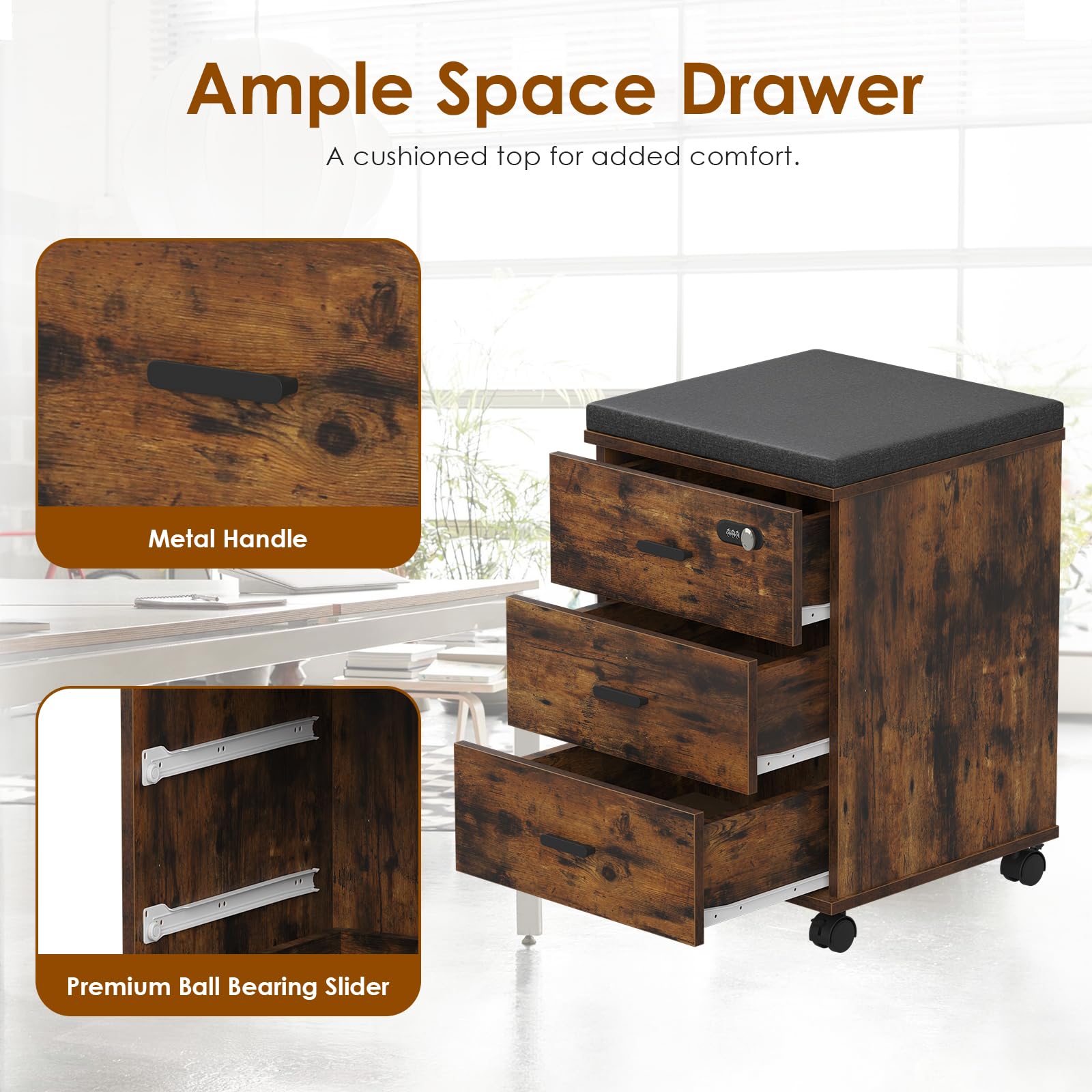 3 Office Drawer File Cabinet with Lock,Small Office Cabinet Rolling ...