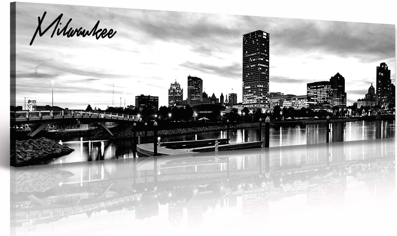 DJSYLIFE Milwaukee Skyline Wall Art Black and White Stretched Canvas ...