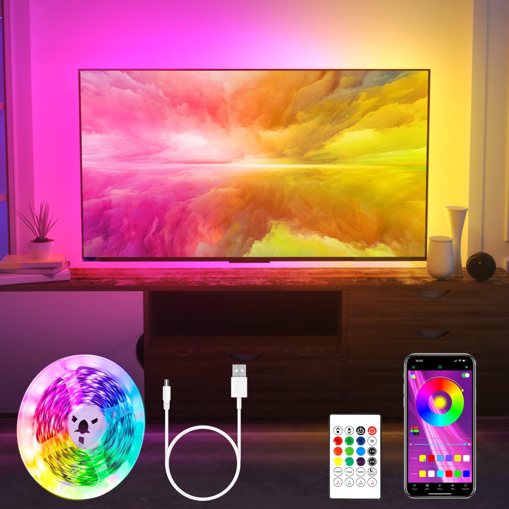 MY LAMP TV RGB Led Lights - 5M USB Led Light Strip with IC Music Sync ...