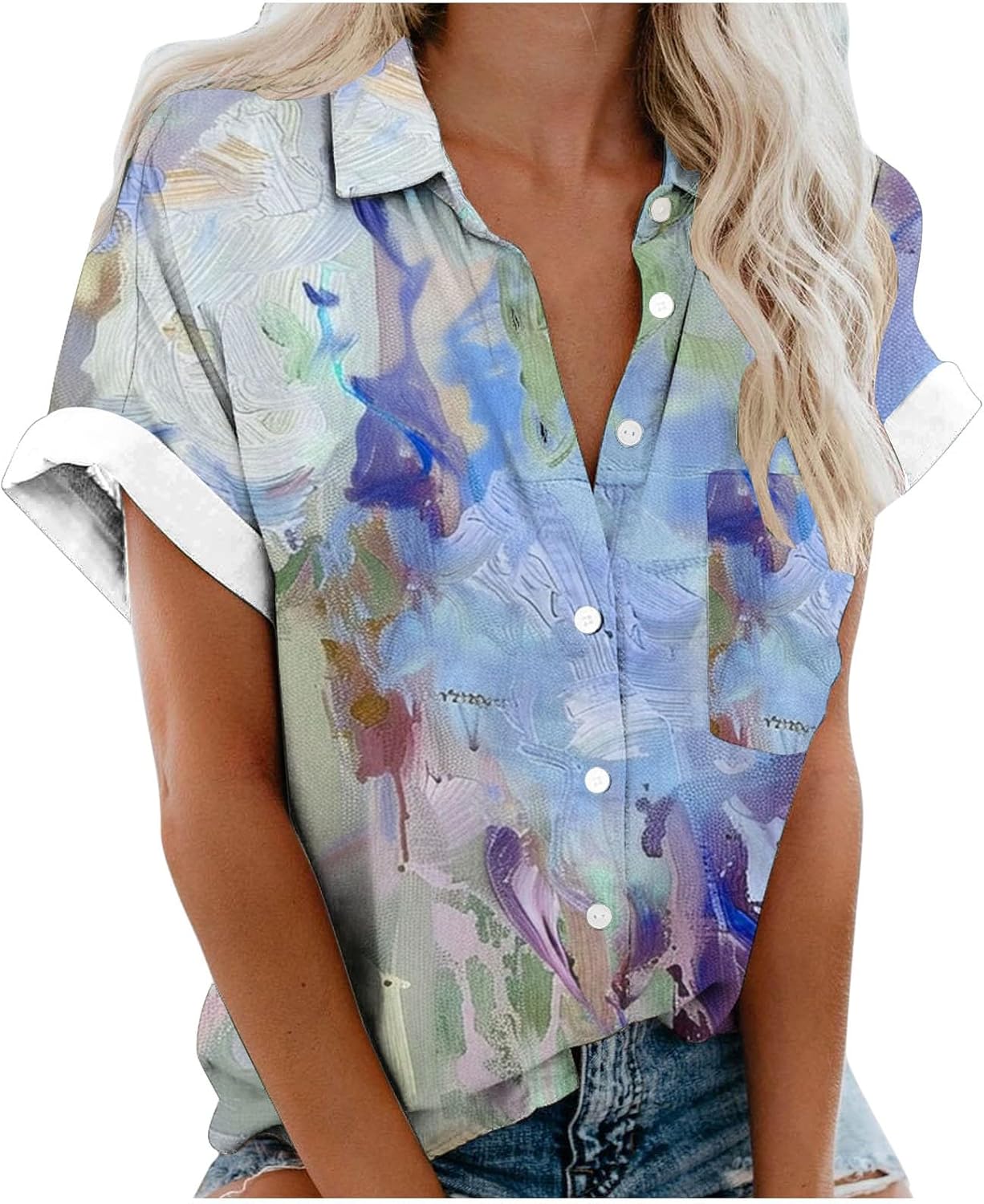 Floral Tops for Women Summer Flower Printed V Neck Button Down Tshirts ...