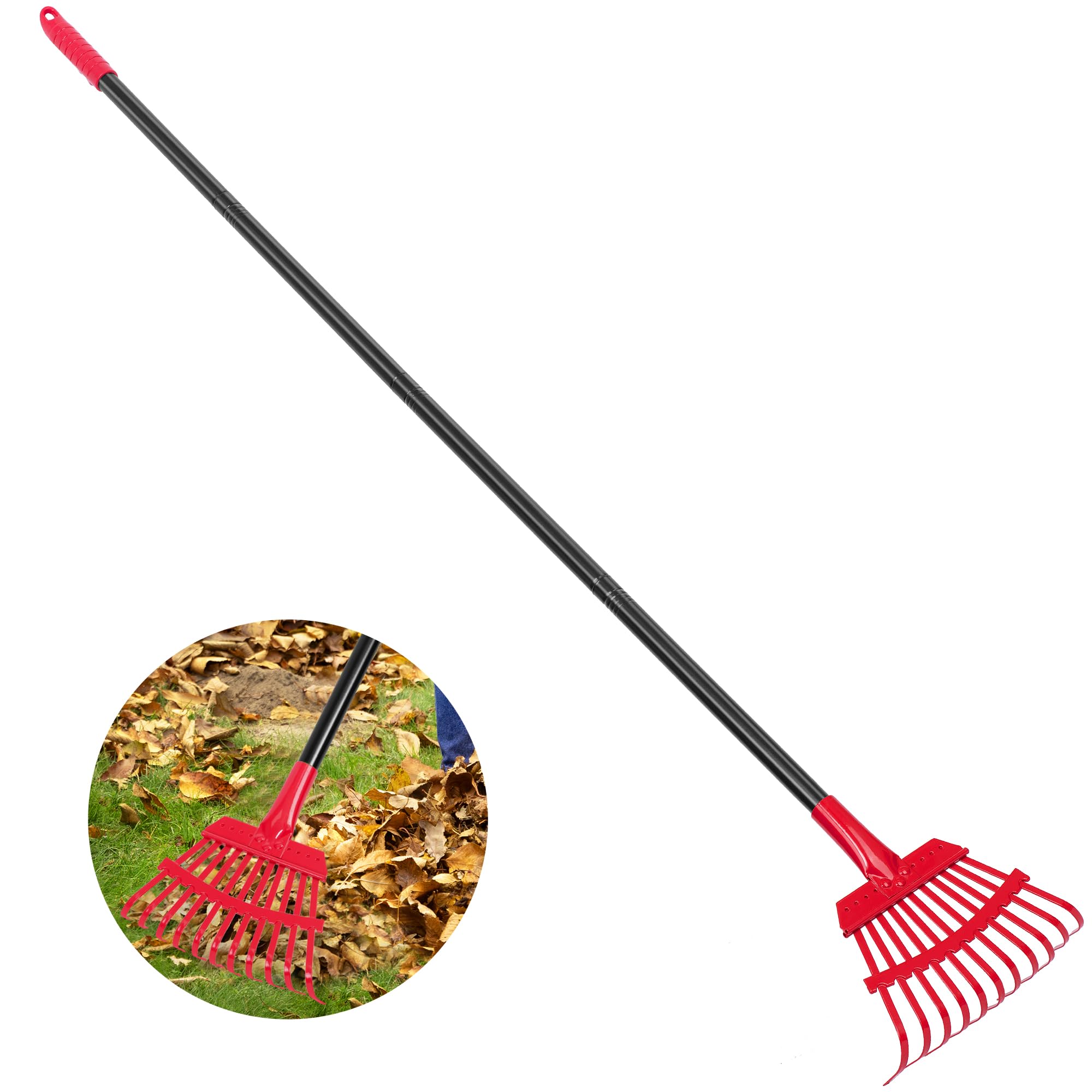 Garden Leaf Rake with 34.5" to 59" Adjustable Long Steel Handle, 11 ...