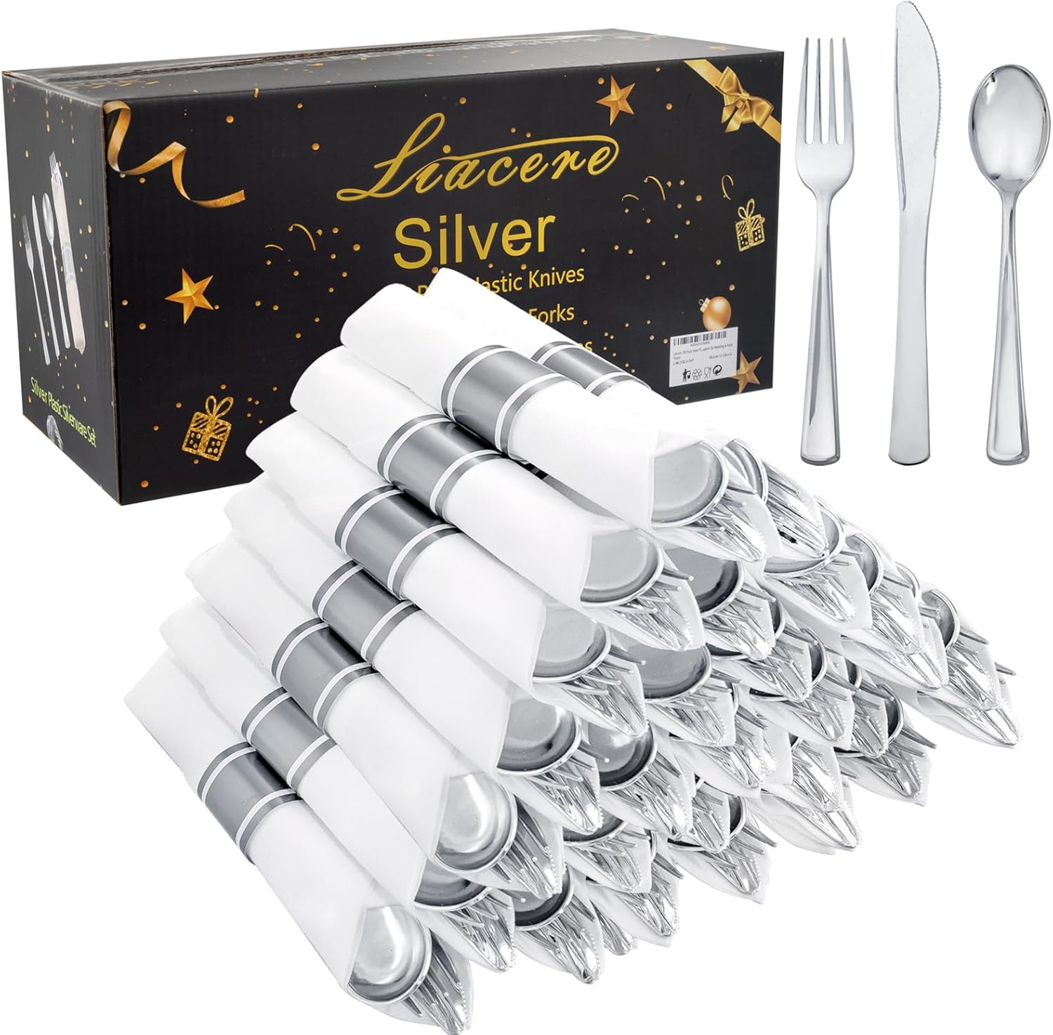 Amazon.com: Liacere 100 Pack Silver Plastic Silverware-Pre Wrapped ...