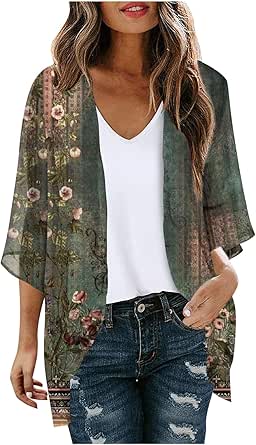 Women's Summer Lightweight Cardigan 3/4 Sleeve Chiffon Kimono Shrug ...