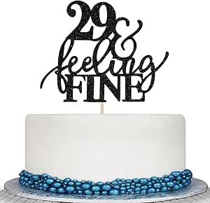 Amazon.com: Black Glitter 29 and Feeling Fine Cake Topper -Cheers to 29 ...
