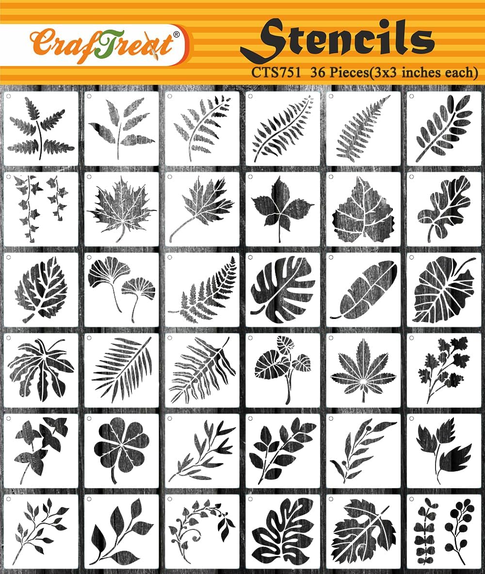CrafTreat 36 Pcs Leaves Set Stencils for Painting on Canvas, Wall Art ...