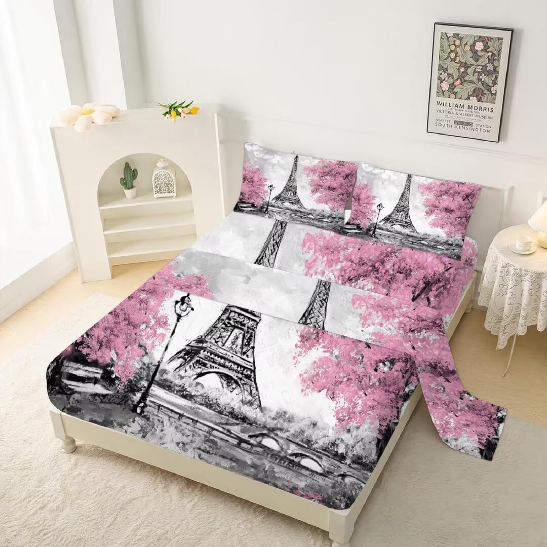 Amazon.com: kxry Pink Paris Fitted Sheet Sets Eiffel Tower Flower ...