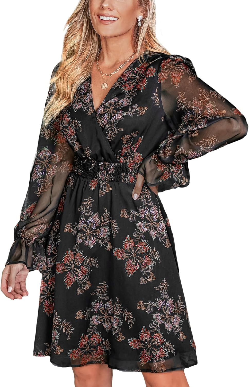 CUPSHE Women Fall Dresses V Neck Long Sleeve Floral Trendy A Line Flowy ...