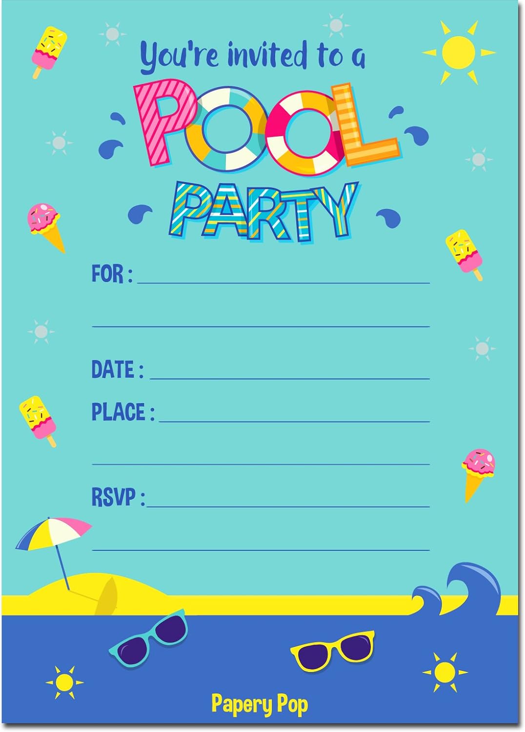 Amazon.com: 30 Pool Party Invitations with Envelopes (30 Pack) - Kids ...