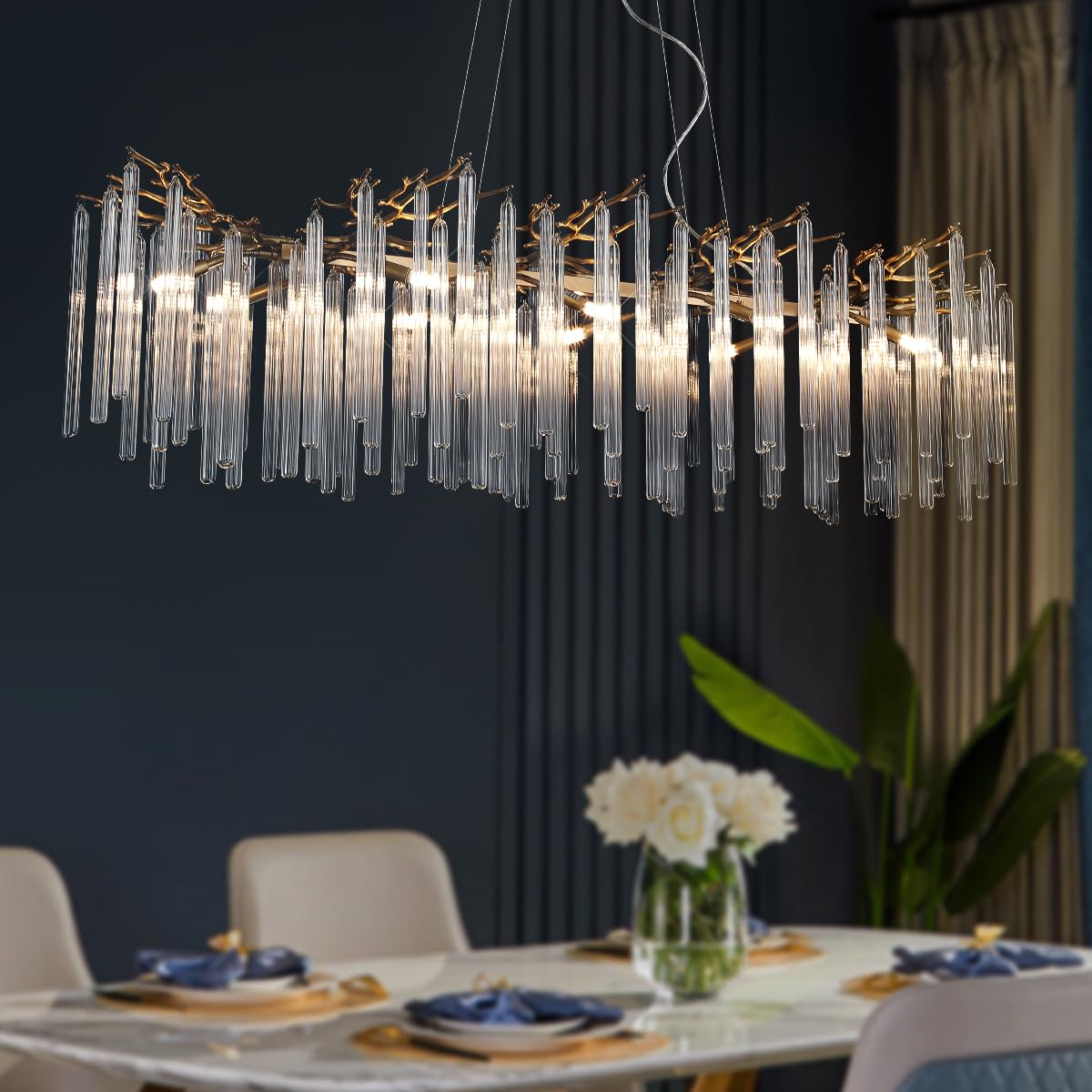 Large Gold Crystal Chandelier Over Dining Table 56in Elegant Lighting ...