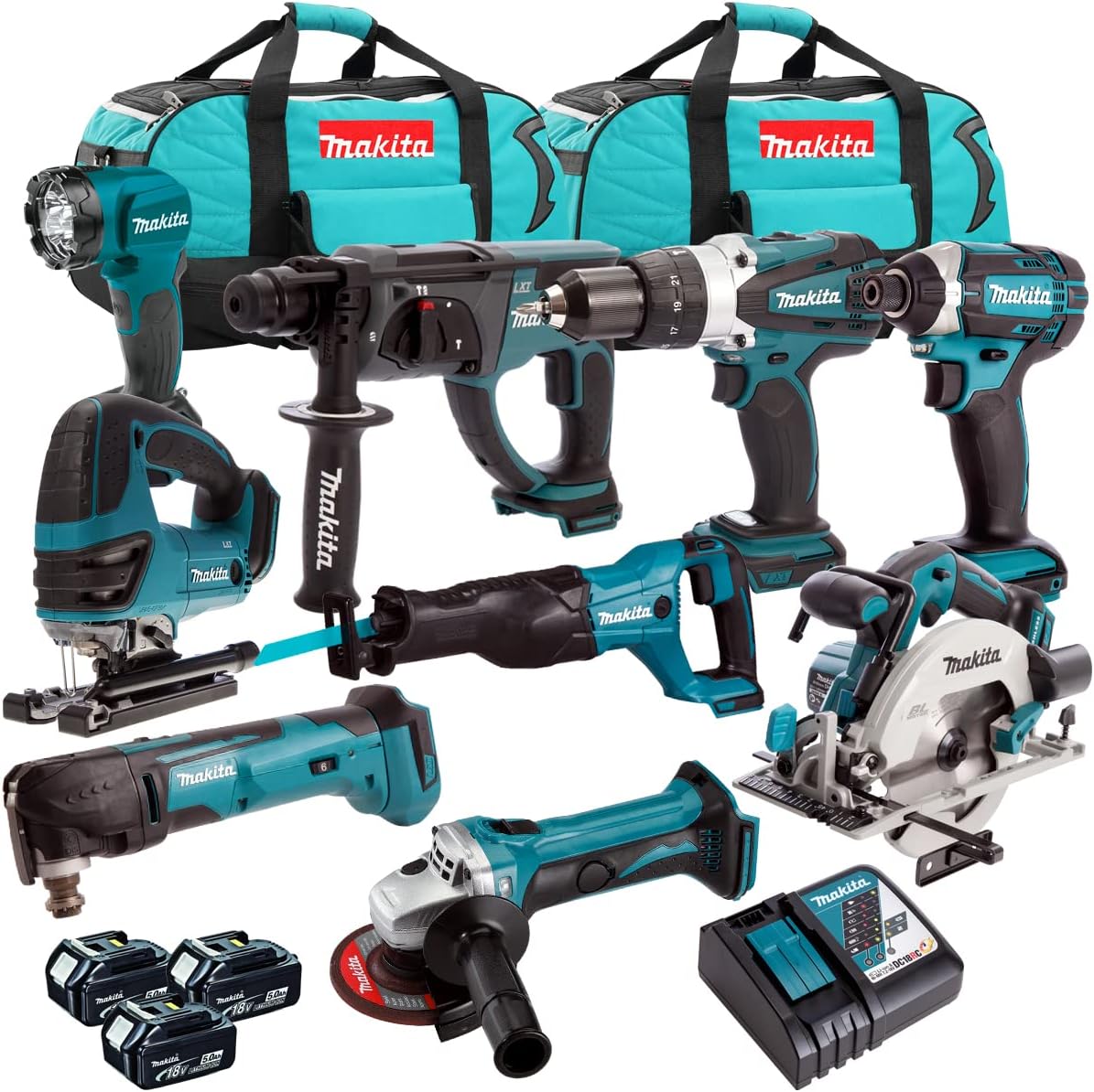 Makita 18V DLXT4T9068 9 Piece Cordless Power Tool Kit With 3 x 5Ah ...