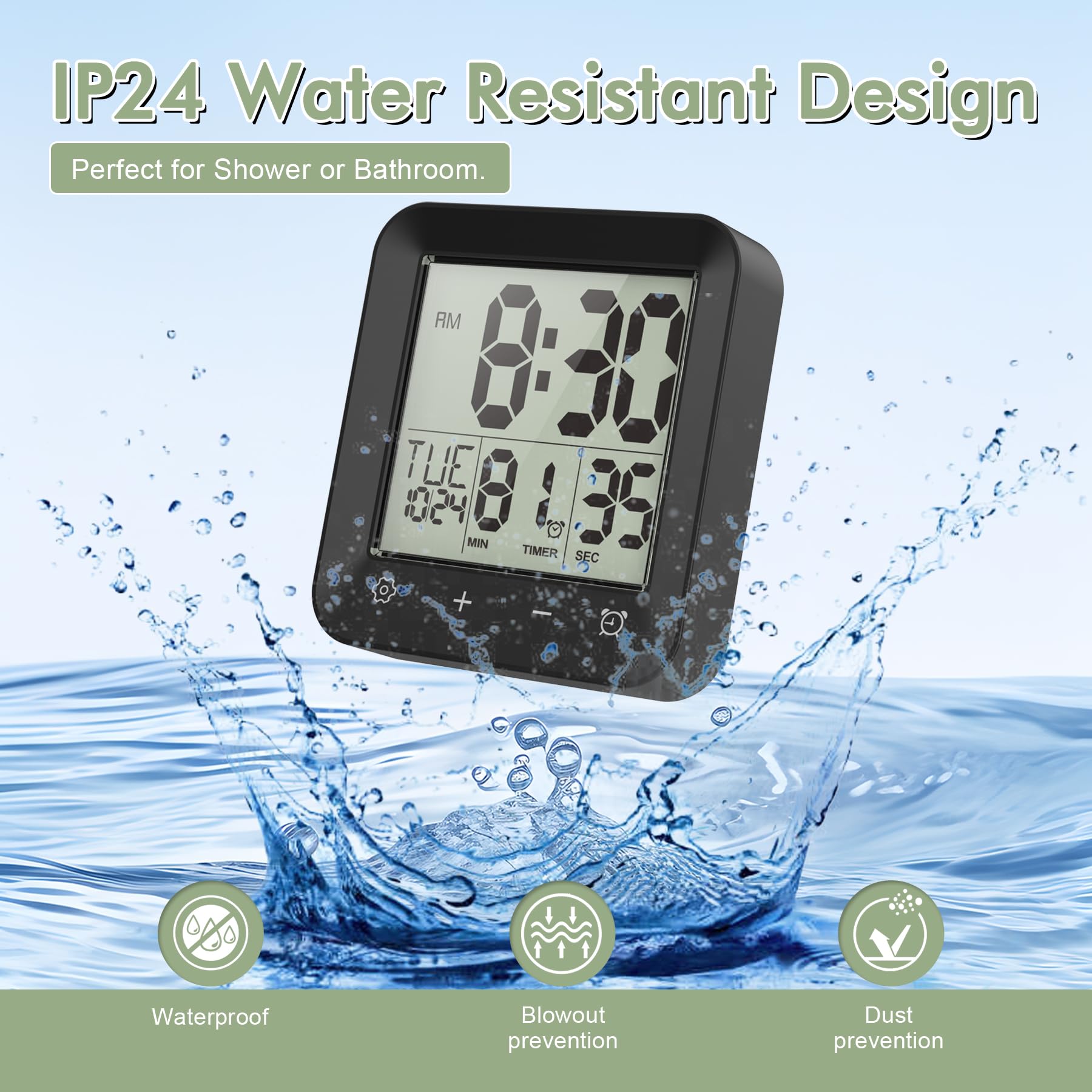 Shower Timer Waterproof Digital Shower Clock Bathroom Clock Waterproof