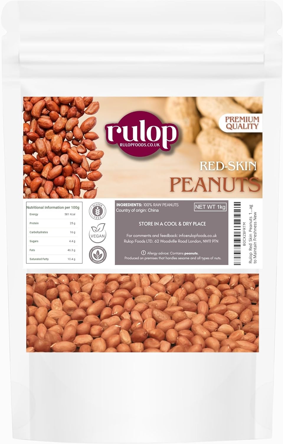 'Rulop Red Skin Peanuts 1kg - Unroasted, Unsalted Red Crunchy Peanuts ...