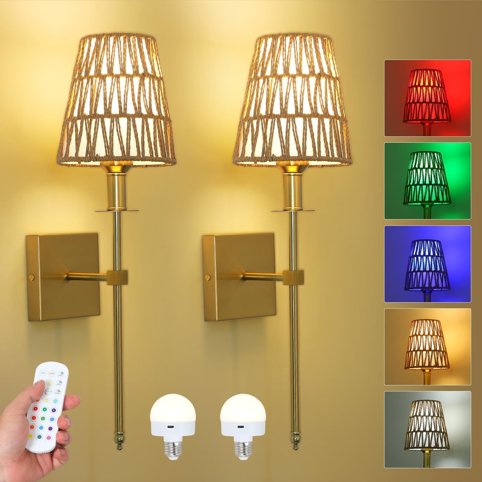 LAMSU Rattan Battery Operated Wall Sconces Set of Two, Boho Gold ...