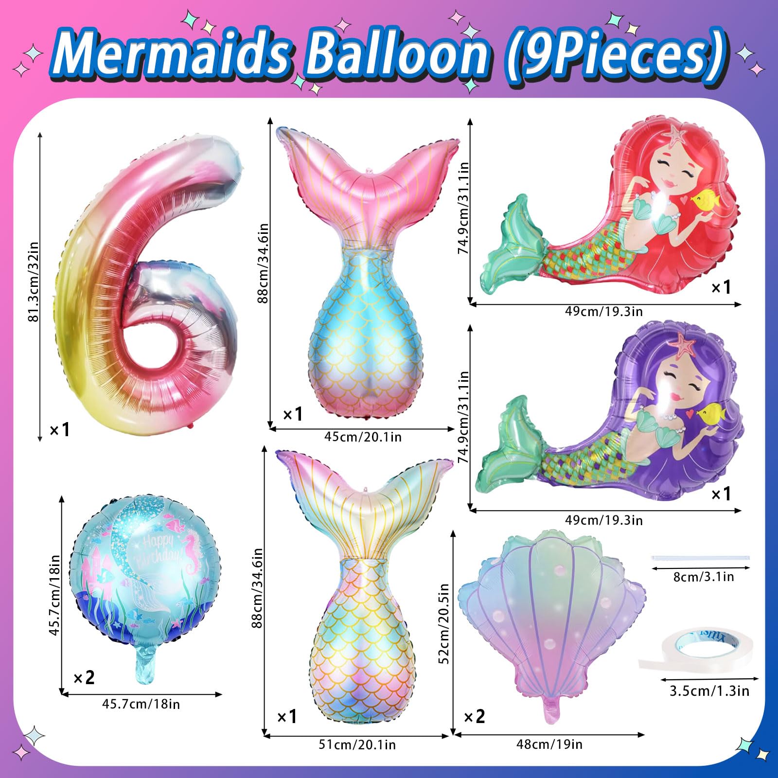 Snapklik.com : 9 Pcs Large Number 6 Colorful Mermaid Tail Balloon ...