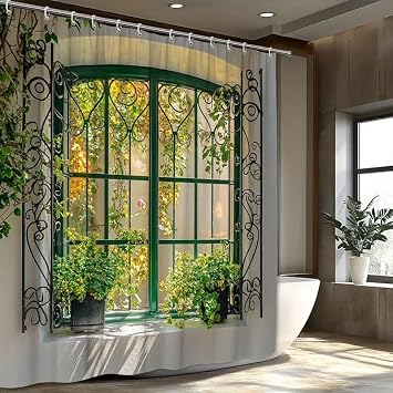 Garden Window Scene Shower Curtain, Decorative Green Iron Gate Design ...