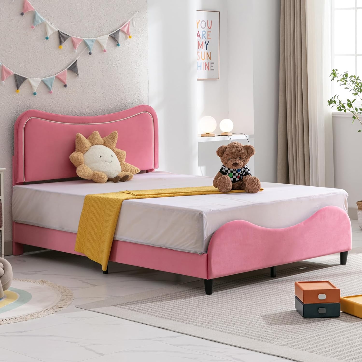 Amazon.com: Mjkone Full Size Bed Frame for Kid, Cute Pink Platform Kids ...