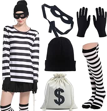 Amazon.com: Adult Unisex Robber Costume Set Black and White Striped T ...